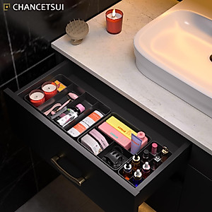 Stackable Drawer Organizer, 3 PCS Versatile Bathroom and Vanity Drawer Organizers Trays Makeup Organization and Storage Set for Lipstick, Lip Gloss, Nail Polish, Cosmetics, Skincare, Jewelry, Black