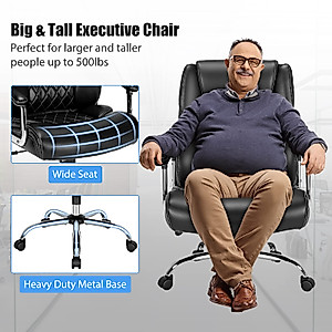 Giantex 500LBS Big and Tall Office Chair, Wide Seat Large Leather Executive Chair w/Heavy Duty Metal Base, Height Adjustable Swivel Computer Task Desk Chair, Padded Armrest, Rocking Backrest (Black)