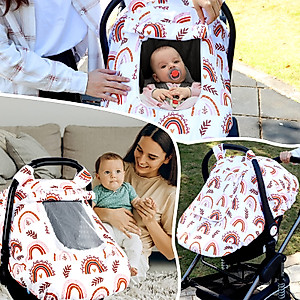 Pea Pod Baby Car Seat Cover Girls, Infant Rainbow Car Seat Covers Canopy for Newborn,2 Layers Windows of Breathable Mesh/Fabric, Lightweight Polyester/Minky Dot Backing, Snug Fit Most Baby Car Seat