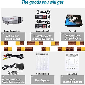 Retro Game Console, Classic Mini Game Console, AV Output 8-Bit Game System, Built-in 620 Video Games With 2 Classic Controllers - Plug and Play for Kids Birthday
