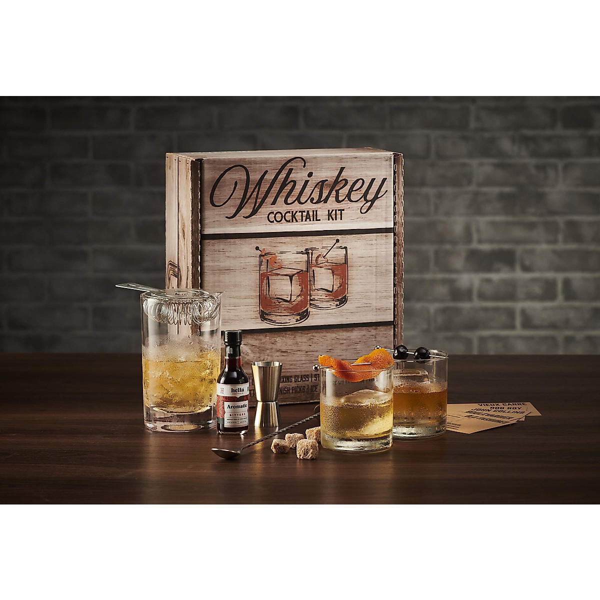 Whiskey Cocktail Kit: Rocks Drinking Glass Set, 750ml Crystal Mixing Glass, Ice Cube Mold, Stainless Bar Spoon Muddler, Strainer, Jigger, Garnish Picks, Bitters, Recipes Cards for Old Fashioned & More