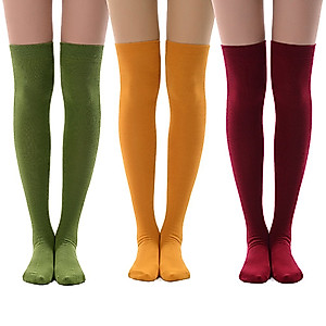 MEIKAN Orange Thigh High Stocking Women, Knee High Socks Velma Custome Socks Posing Ivy Socks Women's Green Orange Over Knee High Tights Mustard Yellow Red Green 3 Pairs