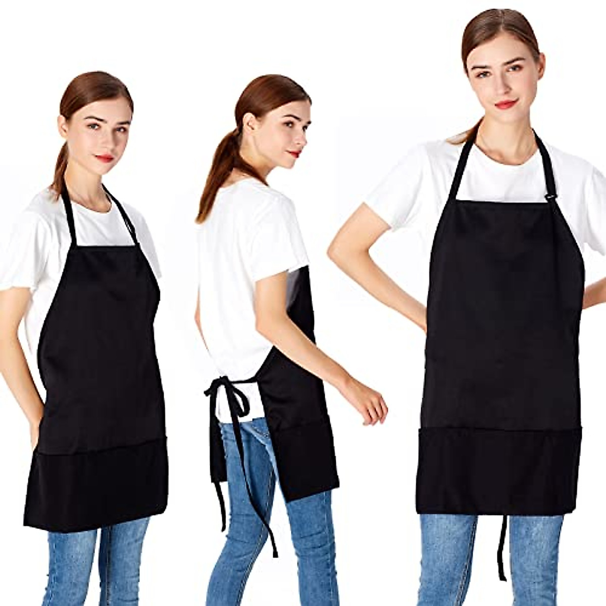 Jubatus 2 Pack 3 Pockets Adjustable Bib Apron Chef Kitchen Cooking Aprons for Women Men, Black