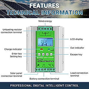 iSunergy 1000W Wind Solar Hybrid Charge Controller 12V/24V MPPT Boost Charge Regulator with LCD Display and Free Dump Load Accurate (600W Wind + 400W Solar)