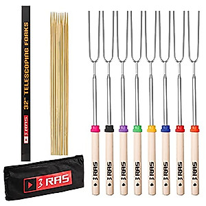 Marshmallow Roasting Sticks-Set of 8 Smores sticks & Hot Dog Forks 32 Inches Telescoping for Fire Pit Campfire with Extra 10 Bamboo Skewers BBQ Kit for Outdoor Camping