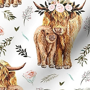 Spoonflower Fabric - Pink Spring Highland Cow Floral Calf Scottish Printed on Petal Signature Cotton Fabric Fat Quarter - Sewing Quilting Apparel Crafts Decor
