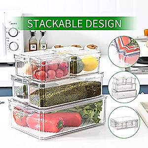 Fridge Organizer with Lid, Set of 7 Stackable Plastic Organizer Bins, and Removable Drain Tray Vegetable Storage Containers for Refrigerator, for Freezer, Cabinet, Kitchen Pantry Organization (7 pack)
