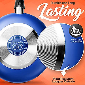 SereneLife Kitchenware Pots & Pans Basic Kitchen Cookware, Black Non-Stick Coating Inside, Heat Resistant Lacquer (15-Piece Set), One Size, Blue