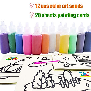 Zddaoole 32 PCS Art Sand Kits,12 Color Art Sand kit Scenic Sand with 20 Sheets Sand Art Painting Cards Set,DIY Sand Arts and Crafts Kit,1.25oz Bottles