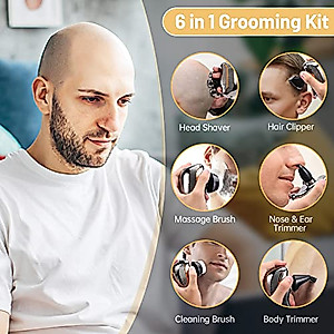 Men's Electric Head Shaver Razor - Rechargeable Cordless Head Shaving Razors for Bald Man 6 in 1 Waterproof Wet Dry Hair Cutting Shavers Beard Trimmer Grooming Kit 7 Rotary Heads