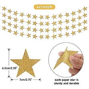 jijAcraft Glitter Gold Star Garland Decorations Hanging Garands Banner Backdrop, 2.7 inch Star Party Decoration for Birthday Baby Shower Wedding Kids Room Ramadan EID Graduation Decor (52 Feet)