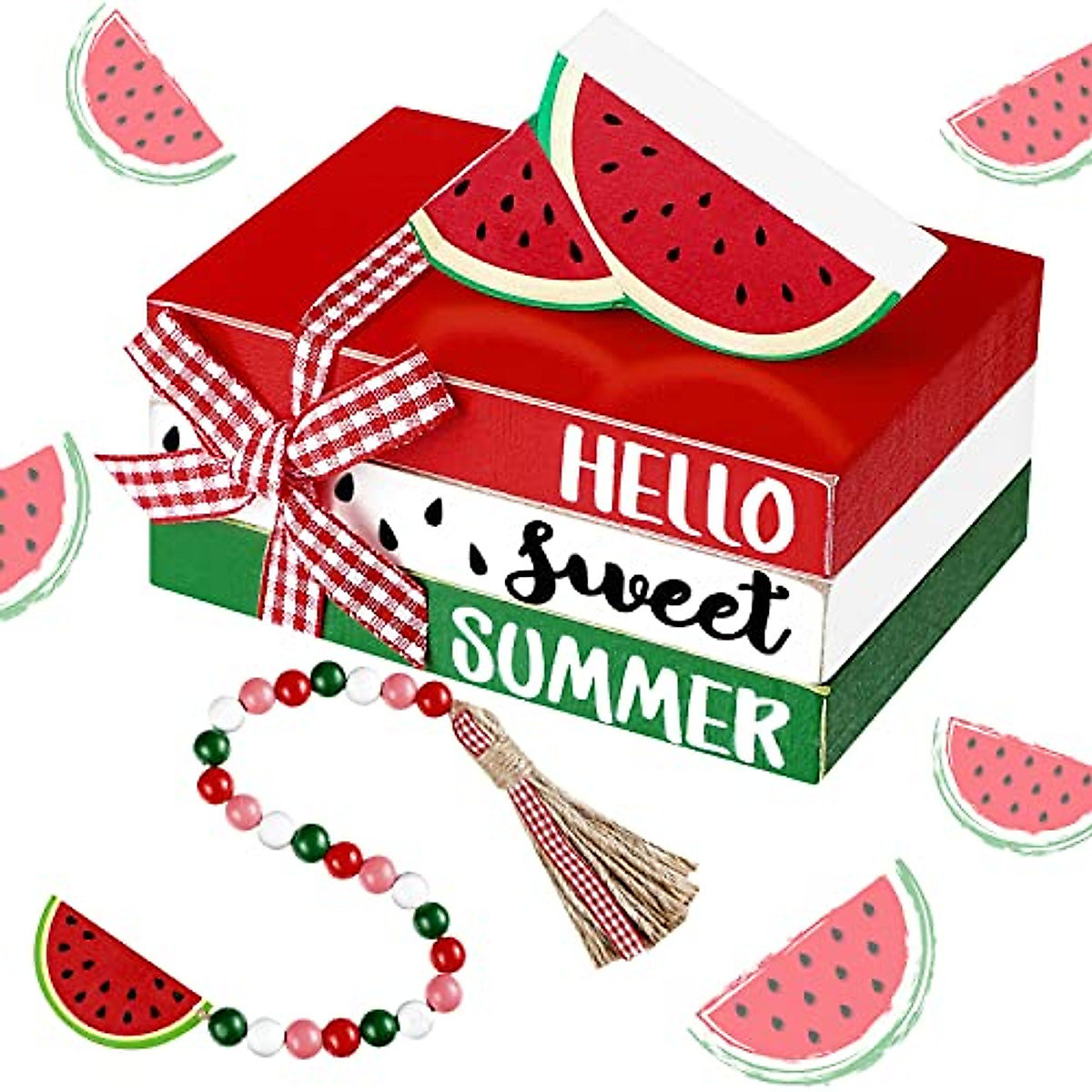 6 Pcs Watermelon Tiered Tray Decor Rustic Watermelon Summer Decor Farmhouse Watermelon Decor Summer Tiered Tray Decor Includes Wooden Bead Garland with Tassels Hello Sweet Summer Watermelon Book Stack