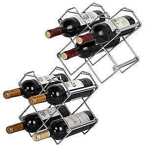 MyGift Modern Silver Wire Metal Stackable Wine Rack Diamond Shaped Stand, Countertop Wine Bottle Holder, Each Rack Holds 10 Bottles, Set of 2