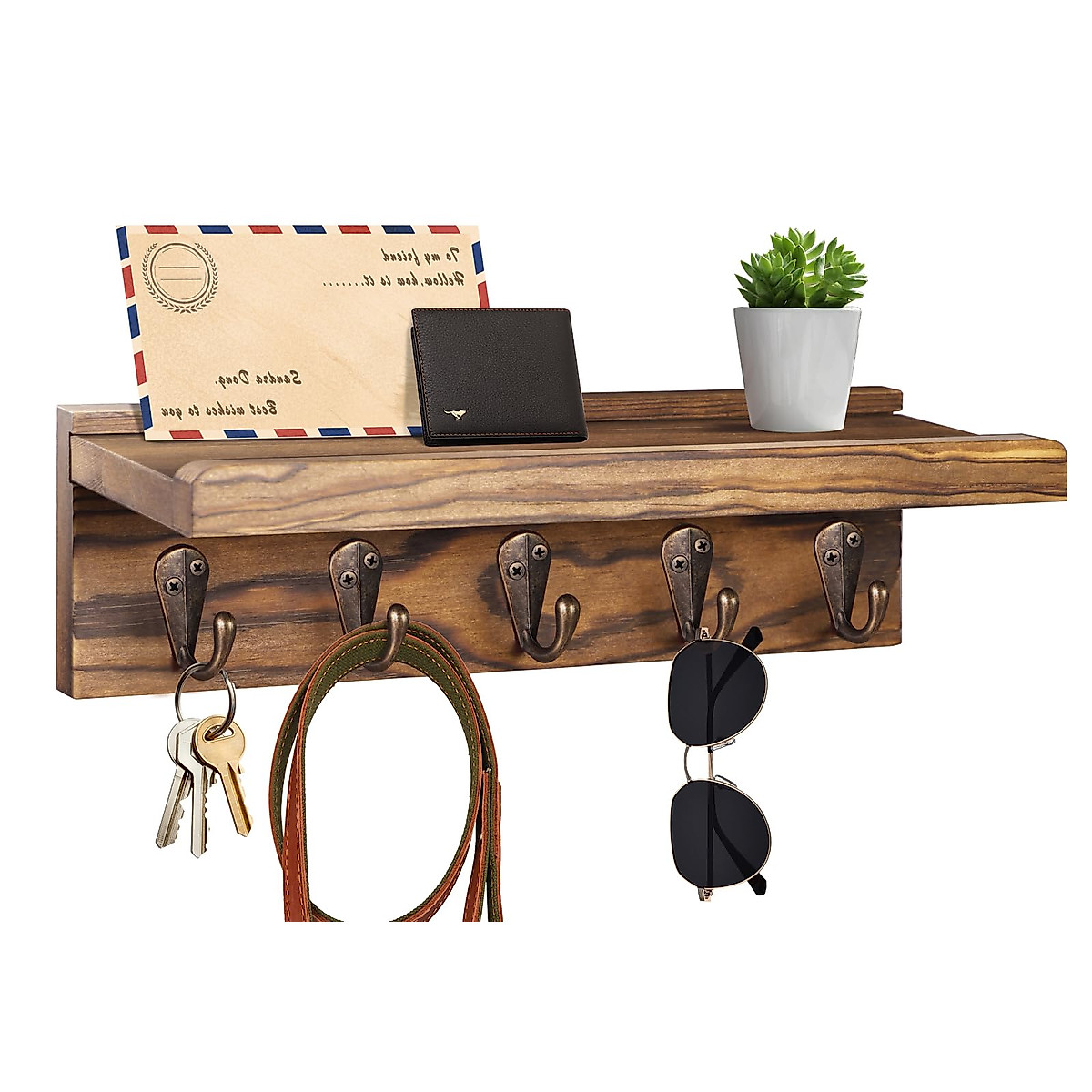 ZUXEFO Key and Mail Holder Wall Mounted (5 Hooks, Small), Wooden Wall Hanging Key Holder with Shelf, Rustic Entryway Rack Organizer for Key Mail Dog Leash Bag Coat - by YHYZ