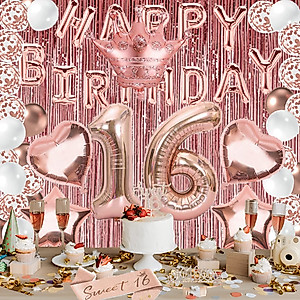 Sweet 16 Party Decorations, Rose gold 16th Birthday Decorations for Girls, Happy Birthday Banner, Curtains, Cake Topper, Bday Sash and Crown, Balloons for Her Sixteen Years Birthday