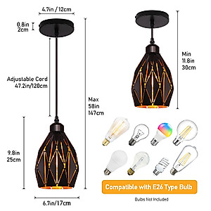 Retro Pendant Light Fixtures 3 Pack Industrial Pendant Lighting Adjustable Hanging Light Fixtures with Geometric Black Metal Shade Farmhouse Pendant Light Ceiling Lamp for Kitchen Island