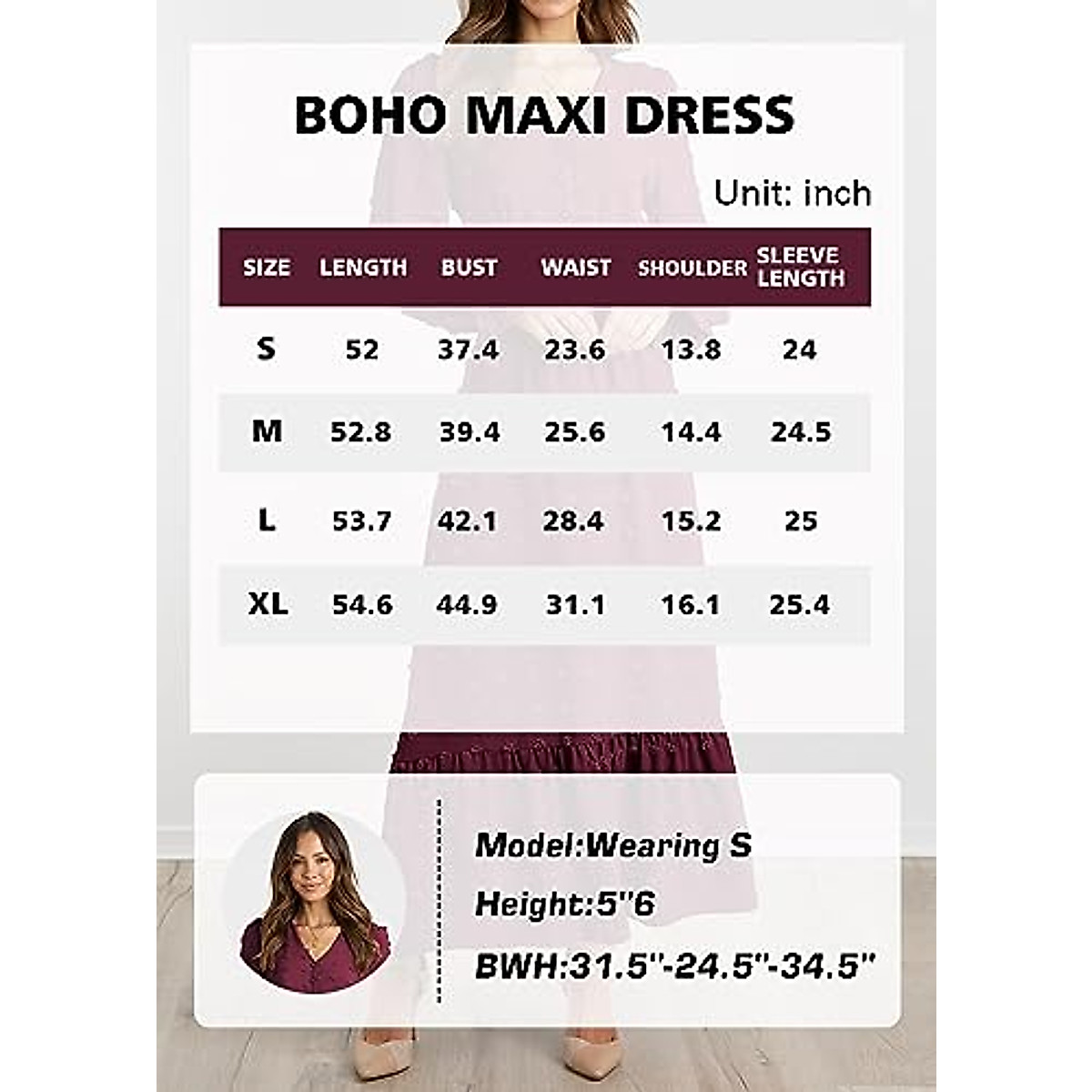 MASCOMODA Women Boho Maxi Dress 2023 Long Sleeve V Neck Swiss Dot Smocked High Waisted Button A-Line Ruffle Tiered Fall Long Dress(Medium, Wine Red)