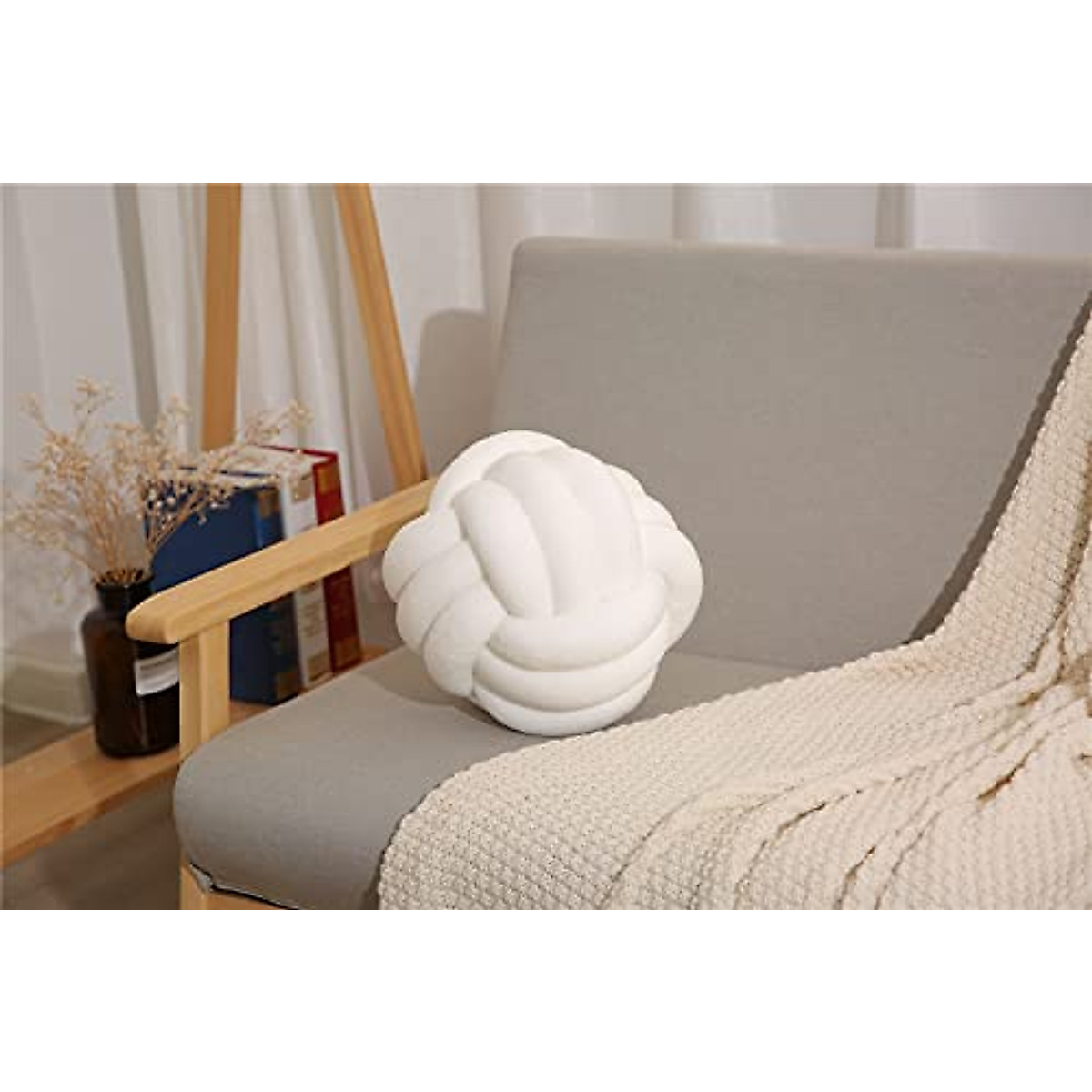 Naibyuki Knot Ball Pillow Household Throw Pillow Short Plush Knot Ball Pillow Home Decorative Waist Cushion Pillow for Couch Bed Car Office (White,Diameter:10.6 inches)