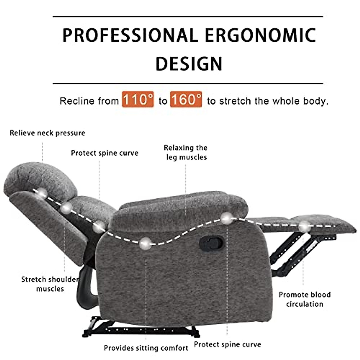 Dreamsir Recliner Chair Breathable Fabric Manual Single Sofa, Living Room Chair Home Theater Lounge Seat, 36×39×40 inch, Limestone Grey