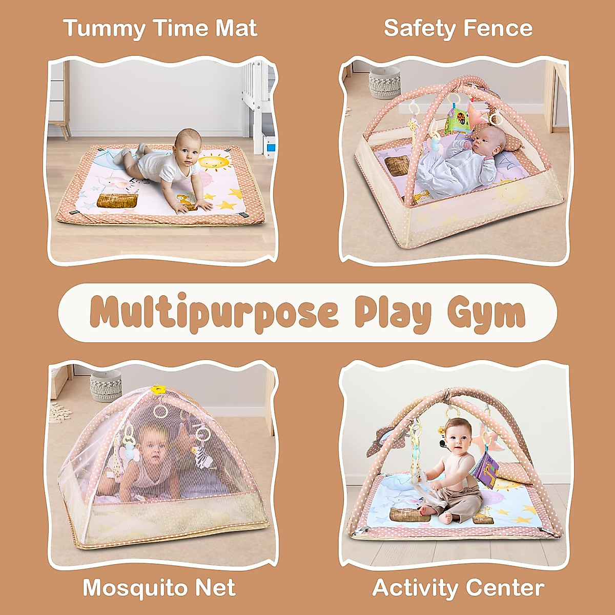 Kidikools Foldable Baby Play Mat, Baby Travel Essential, Portable Tummy Time Mat Baby Activity Center for 0-12 Months, Baby Play Gym, Outdoor Baby Mat for Floor with Sunproof Canopy Net 6-in-1