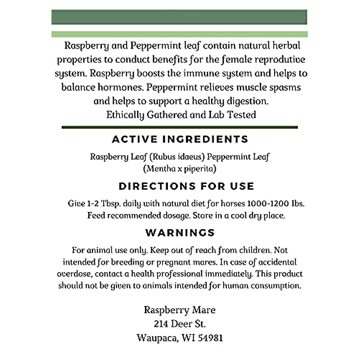 Hormone and Calming Supplement for Horses All Natural Pure Raspberry and Peppermint Leaf Herbal Blend 14 oz.