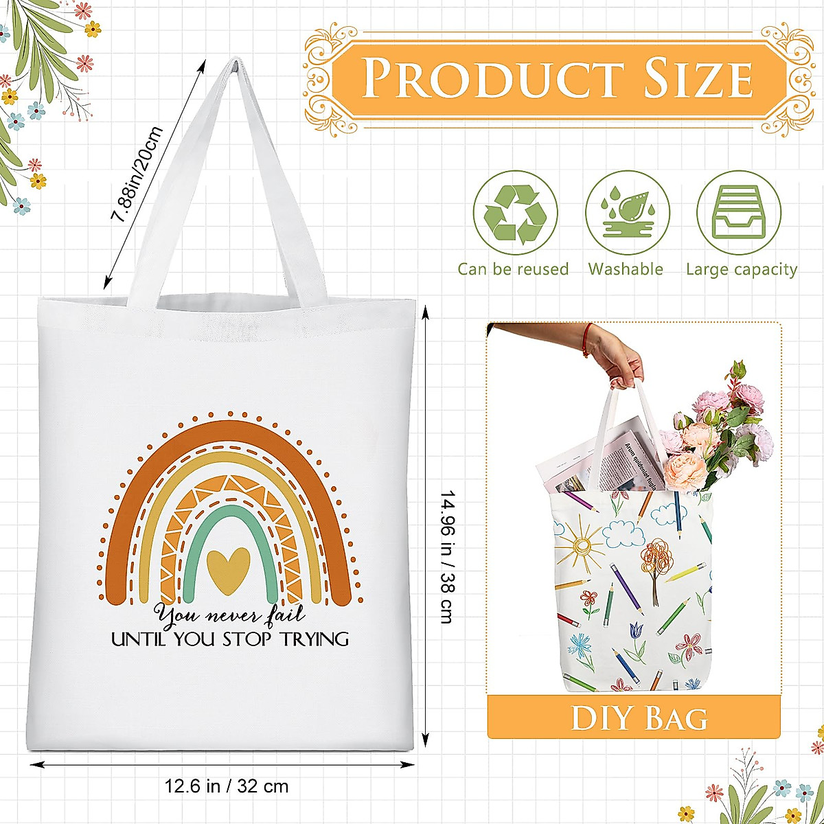 Woanger 10 Pcs Employee Appreciation Gifts Inspirational Canvas Tote Bags Rainbow Bags for Staff Thank You Gifts(Rustic Style)