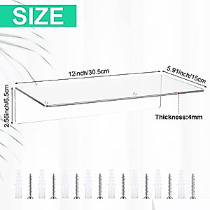 Vinsot 4 Pieces Acrylic Floating Shelves 12 Inch Clear Acrylic Shelf Acrylic Wall Display Shelf 4 mm Thick Invisible Book Shelves for Home Bathroom Office, Transparent, one size