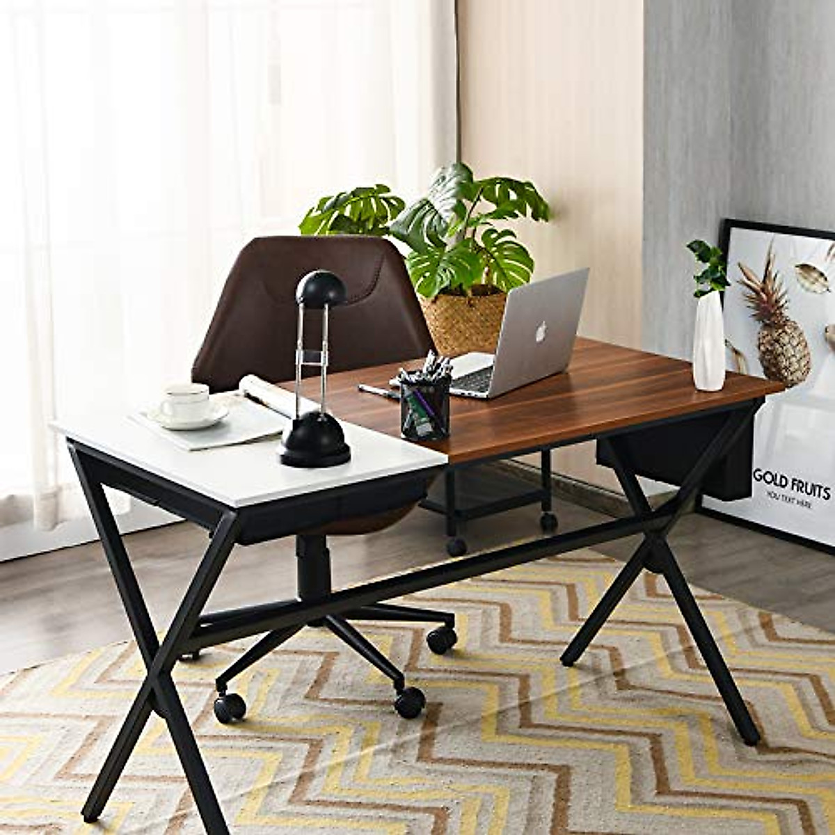 Tangkula 47’’ Computer Desk w/Cube Drawer, Home Office Writing Desk with Side Storage Bag, Modern Stylish PC Study Table Workstation for Bedroom (Walnut & White)