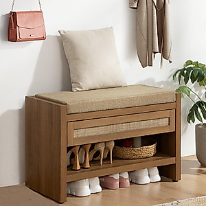 SICOTAS Rattan Shoe Bench Entryway Bench with Storage Drawer and Linen Seat Cushion, Farmhouse Boho Shoe Rack Bench with Shelf, Wooden Storage Bench for Entryway Hallway and Bedroom, Natural Oak