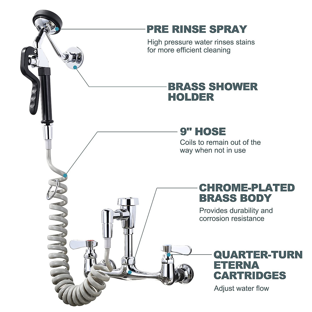 IVIGA Pet Grooming Faucet, Wall Mount 8" Centers Mixing Faucet, Brass Pet Grooming Unit with Aluminum Spray Valve, Coiled Hose, Vacuum Breaker, Lever Handles for Shower Bathroom Garden Outdoors Sink
