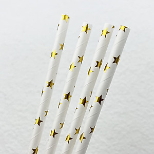 YAOSHENG Paper Straws for drinking, Pack 100 Gold Stars Paper Straws for Cocktail Party Supplies,Birthday,Wedding,Bridal/Baby Shower,Juice,shakes,Smoothies