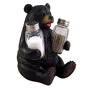Liphontcta Season Beary Carefully Black Bear Salt and Pepper Shaker Holder 7 Inch (Shakers Included)