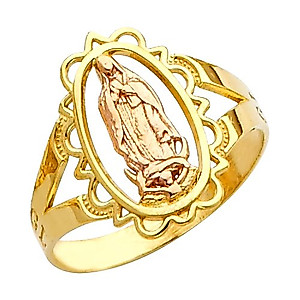 Saint Collection 14k Two-Tone Yellow and Rose Gold Oval Filigree-Style Charm Blessed Mother Mary Ring (Size 7.5)