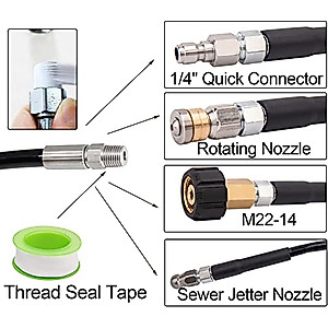 Sewer Jetter Kit for Pressure Washer 100 Ft, 1/4 Inch NPT Drain Cleaning Hose, Orifice 5.5, 4.5, 4.0 Button Rotating and Button Hose Sewer Jetting Nozzle (4000 PSI)