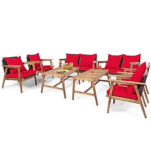 Tangkula 8-Piece Patio Furniture Set, Outdoor Acacia Wood Conversation Set with Cushions and Coffee Table, Outdoor PE Wicker Sectional Sofa Set for Garden, Poolside and Backyard (2, Red)