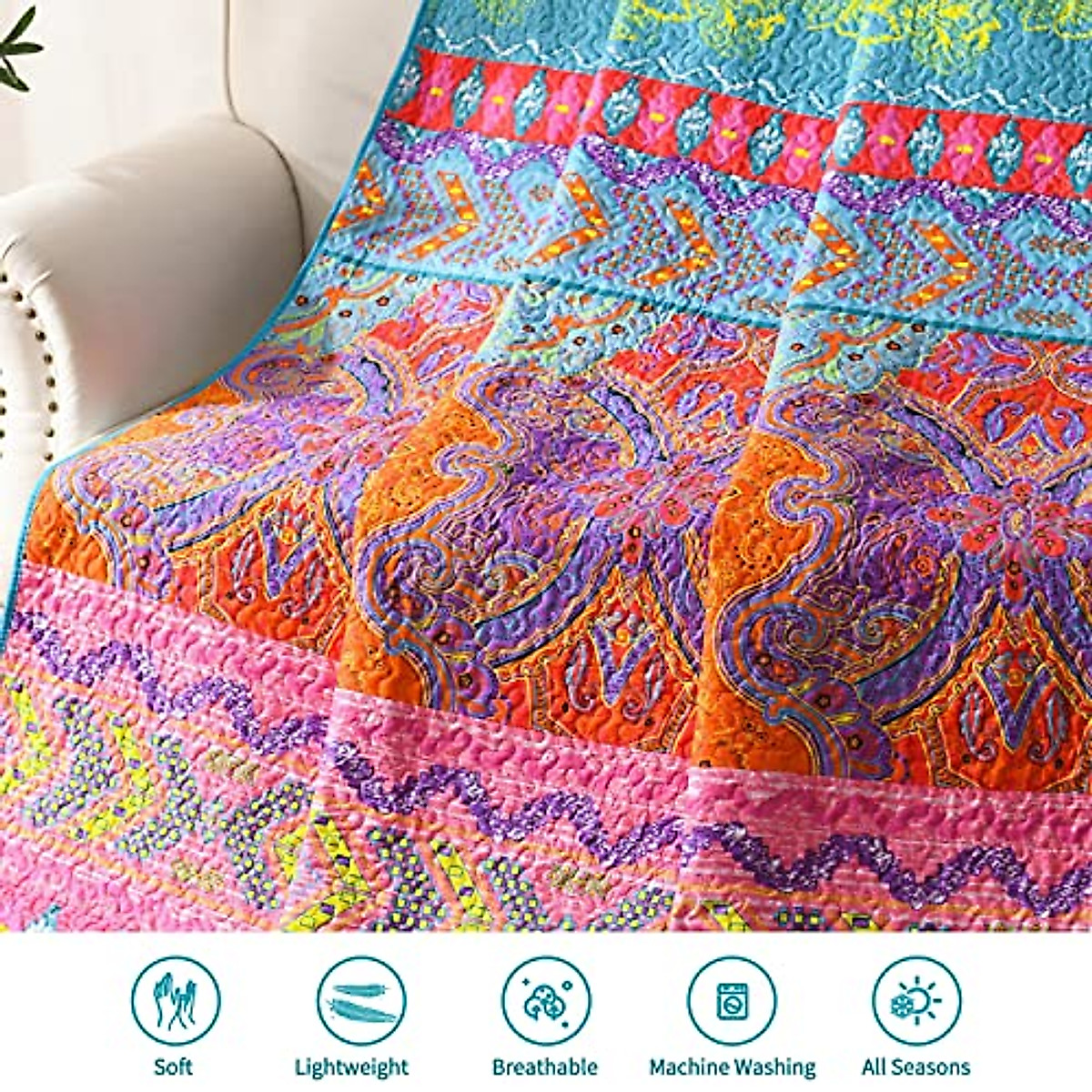 Qucover Boho Quilt Throw, Soft Microfiber Pink Blue Bohemian Bed Spread, Ethnic Style Lightweight Quilt Throw Blanket for Couch Sofa (Small Single)
