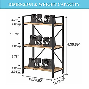 BON AUGURE Industrial 3 Tier Bookshelf, Rustic Small Book Shelves for Small Space, Short Wood Metal Etagere Bookcase (Vintage Oak)
