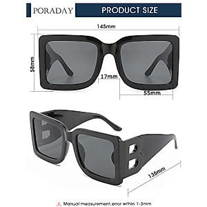 PORADAY Fashion Large Square Sunglasses for Women Men Trendy Black Thick Frame Luxury Designer Sun Glasses Modern Big Frame (Black/Grey)