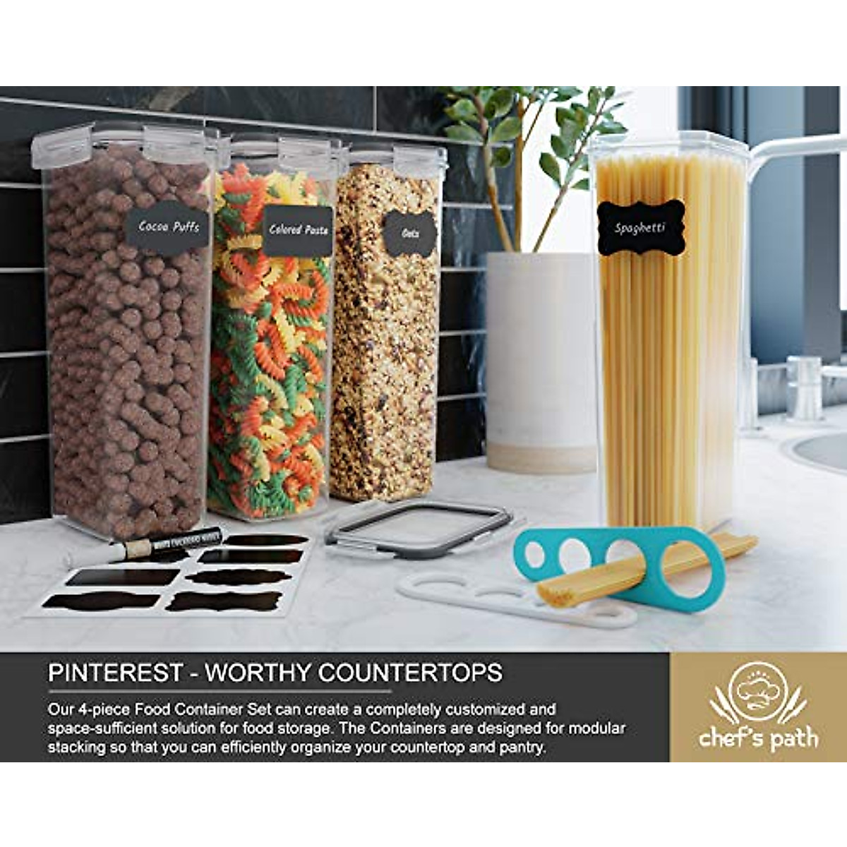 Chef's Path Airtight Food Storage Containers (Set of 4, 2.8L) - Tall Pasta Storage Containers for Pantry & Kitchen Organization, Spaghetti, Noodles, Cereal - Lids, Noodle Measure and Reusable Labels Included