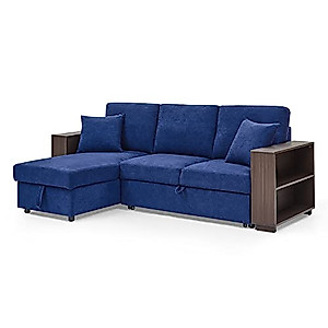 SZUBEE L-Shaped 88" Reversible Pulled Bed Sectional Living Room Furniture with 2 Seats Sofa and Storage Chaise Two Pillows, Navy Blue