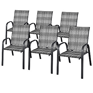 HAPPYGRILL Stackable Dining Chairs Set of 6, Outdoor PE Wicker Patio Arm Chairs with Rustproof Steel Frame, Stackable Bistro Deck Chairs for Backyard Garden and Poolside