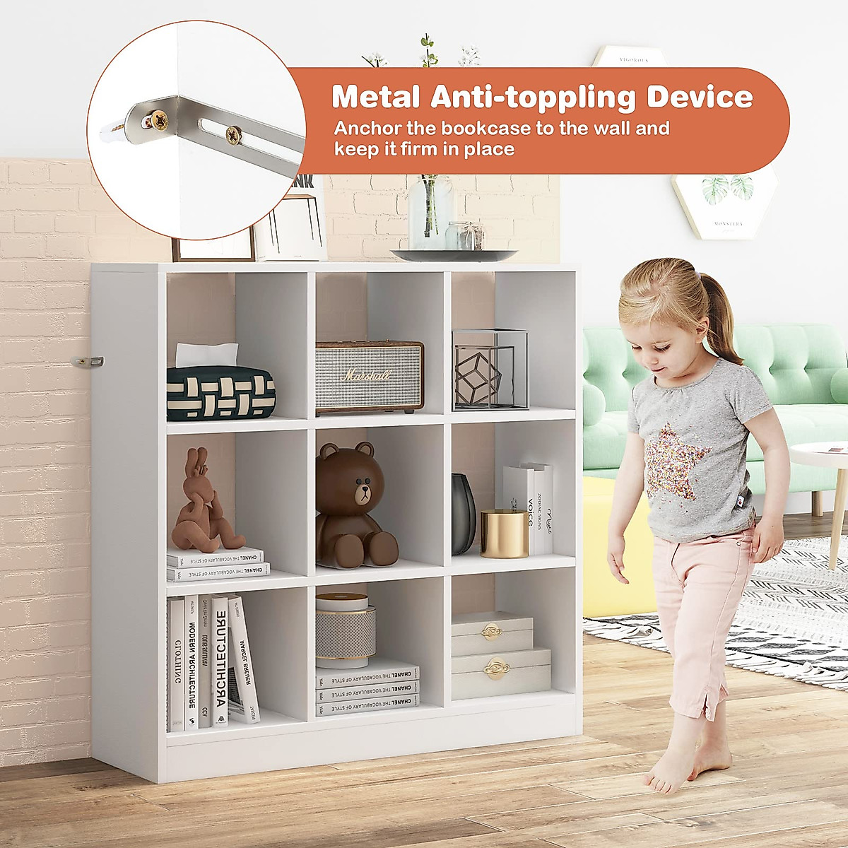 Costzon Toy Organizers and Storage, Wooden White 9-Cube Kids Bookcase for Books Toys Display Organization, Toddler Bookshelf for Bedroom, Living Room, Nursery, Playroom