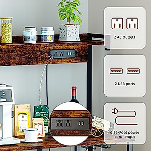 JAMFLY Kitchen Bakers Rack with Power Outlet, Coffee Bar Cabinet, Kitchen Cart, Large Microwave Stands Cart with 6 S-Shaped Hooks, Wine Glass Holder and Basket (35.43'', Rustic Brown)