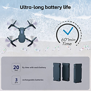 Super Endurance Foldable Drone with Camera for Beginners– 60+ min Flight Time, WiFi FPV Quadcopter with 120°Wide-Angle 1080P HD Camera, Optical Flow Positioning, Follow Me, Dual Cameras(3 Batteries)