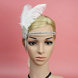 Positive Costume Great Gatsby Flapper Headband Elegant Crystal Rhinestone Flower Tassels 1920s Vintage Hairband Old Hollywood Glam Headpiece (White)