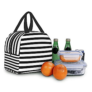 UYEUGV Insulated Black and White Lunch Bag Box for Kids Teen Girls Boys Women, Reusable Cool Cute Stripe Lunch Bags for School Work Picnic Travel