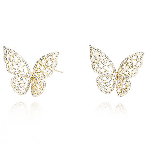 Pave CZ Butterfly Earrings For Women By Vintage Havana 18K Gold Plated Drop/Dangle Cubic Zirconia Earrings Made With Sterling Silver Post