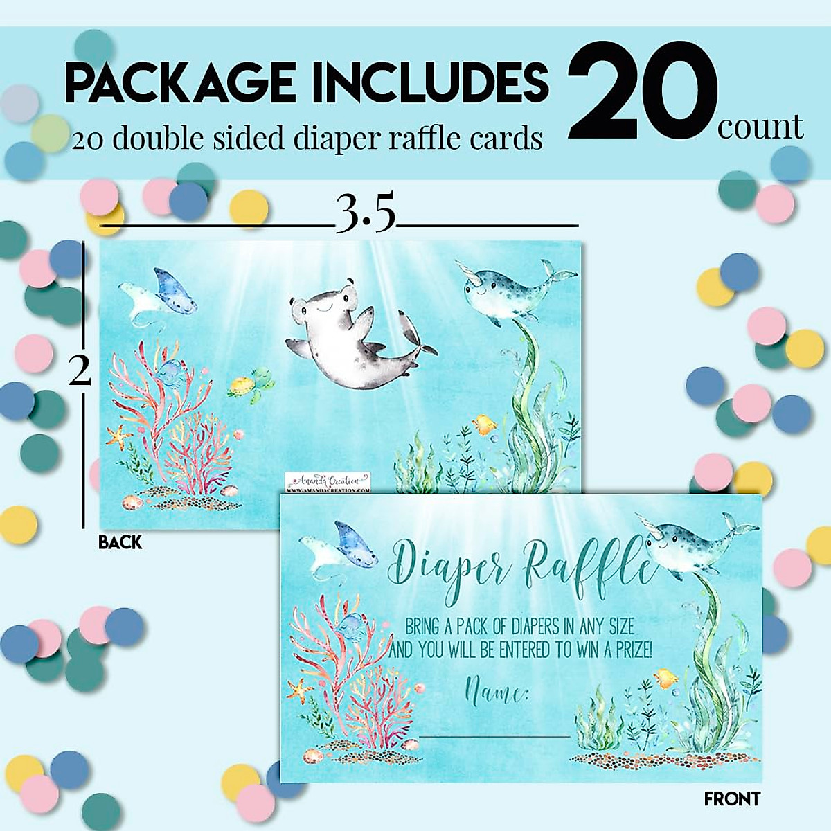 Amanda Creation Underwater Cute Sea Life Diaper Raffle Tickets for Baby Showers, 20 2" X 3” Double Sided Insert Cards for Games, Bring a Pack of Diapers to Win Favors & Prizes!