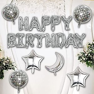 Refavor Disco Happy Birthday Decorations - 19pcs Birthday Party Decorations Disco Theme Silver Happy Birthday Letters Balloons Moon Star Ball Balloons Decor 60s 70s 80s Retro Birthday Decoration Women