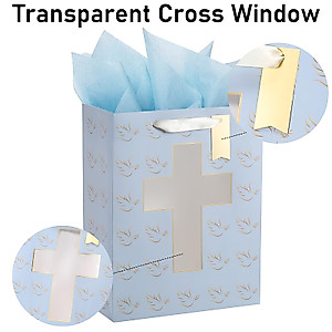 Sawnfay Blue Gift Bag - 10" x 5" x 13", for Baby Boy Baptism, Christening, First Communion, Religious Events, with Cross cut window Design and Tissue Paper